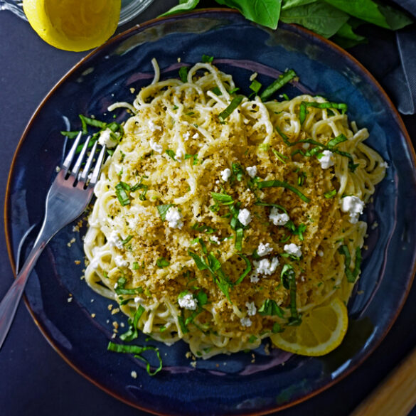 Lemon Goat Cheese Spaghetti with Garlic Herb Pangrattato - Frydae