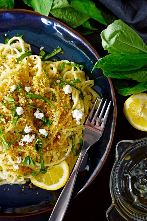 Lemon Goat Cheese Spaghetti with Garlic Herb Pangrattato - Frydae
